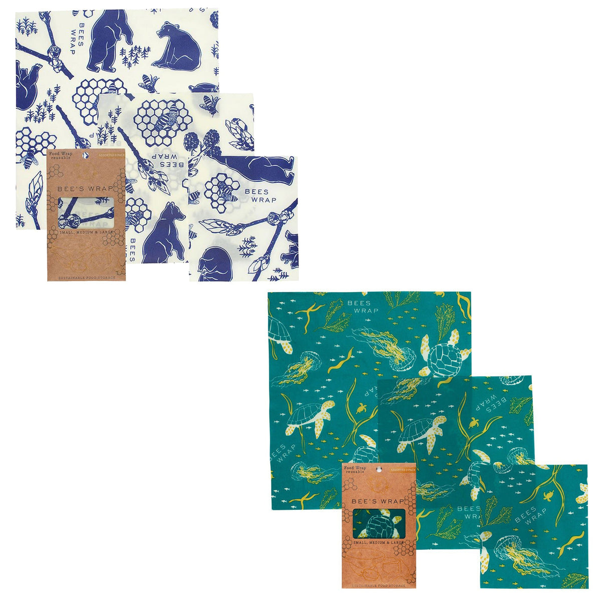 Bee's Wrap Assorted 6 Pack Oceans & Bees + Bears Beeswax Food Covers ...