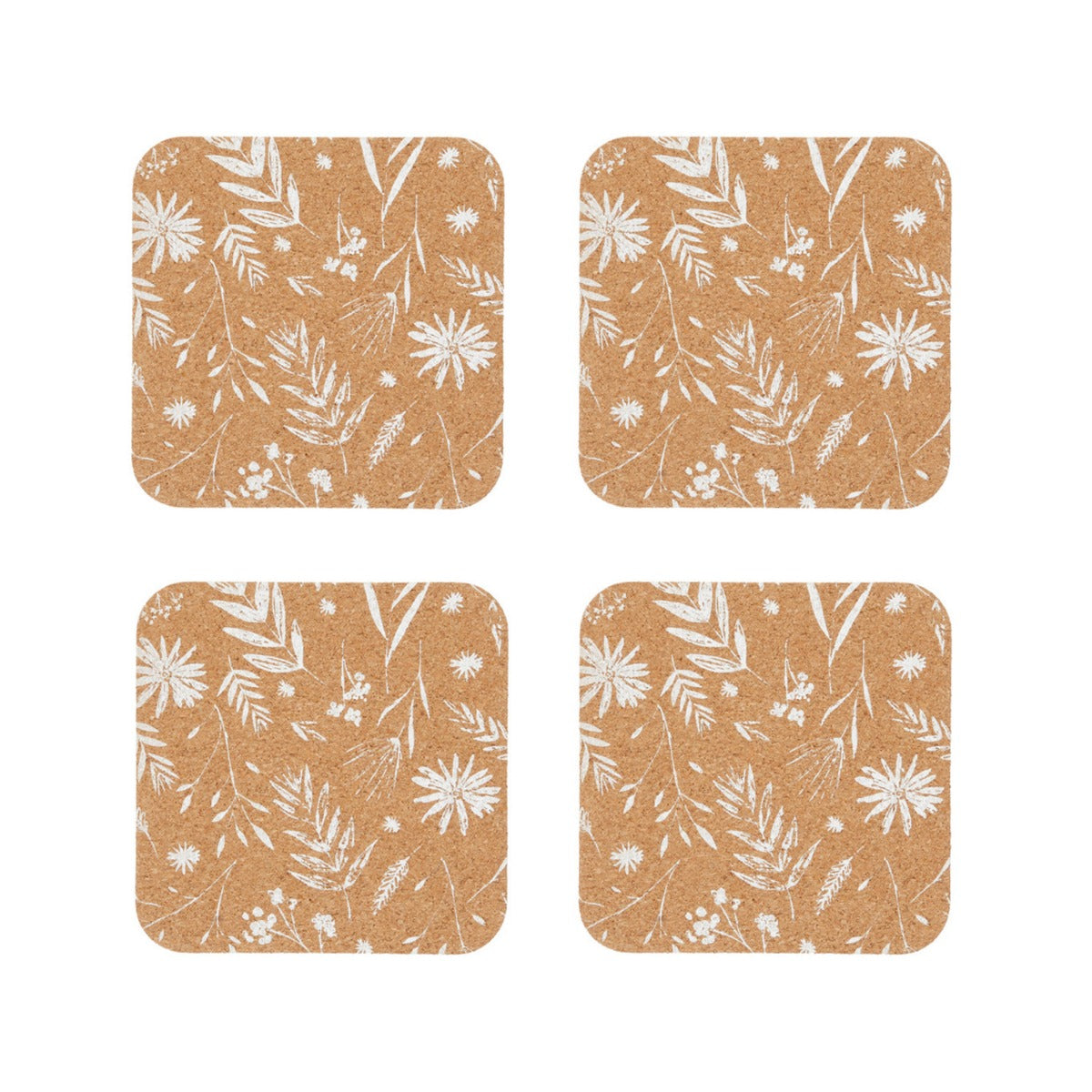 Natural Elements Set of 4 White Floral Biodegradable Cork Coasters ...